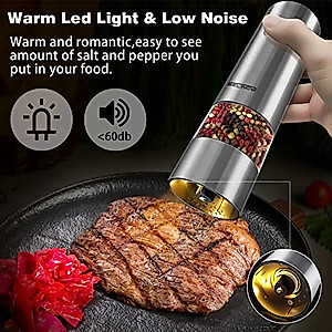 Rechargeable Electric Salt and Pepper Grinder Set - Stainless Steel, with USB Type-C Cable, LED Lights, Automatic Modern Electric Pepper Mill, 2 Adjustable Coarseness Mills, One Hand Operation