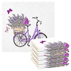ALAZA Dish Towels Kitchen Cleaning Cloths Violet Bicycle Lavender Flower Butterflies Dish Cloths Super Absorbent Kitchen Towels Lint Free Bar Tea Soft Towel Kitchen Accessories Set of 6,11"x11"