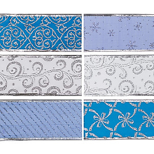 LaRibbons Wired Christmas Holiday Ribbon - 6 Rolls Swirl Sheer Glitter Ribbon - 2.5 inch x 5 Yard Each Roll - Blue/Silver