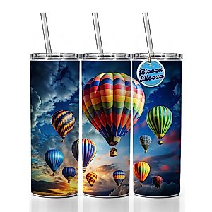 Hot Air Balloons Against a Cloud Covered Deep Blue Sky Skinny Tumbler 20oz with Straw Insulated Water Bottle Gift