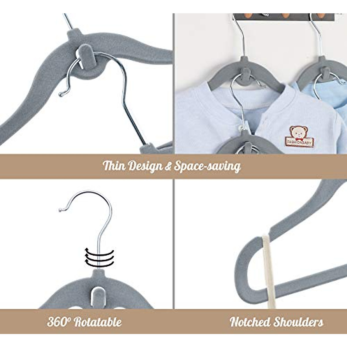 Baby Hangers, 50 Pack Childrens Velvet Hangers - Baby Clothes Hangers Non Slip Velvet with Rotatable Hook,12Inch Space Saver Cascading Velvet Hangers, (Grey)