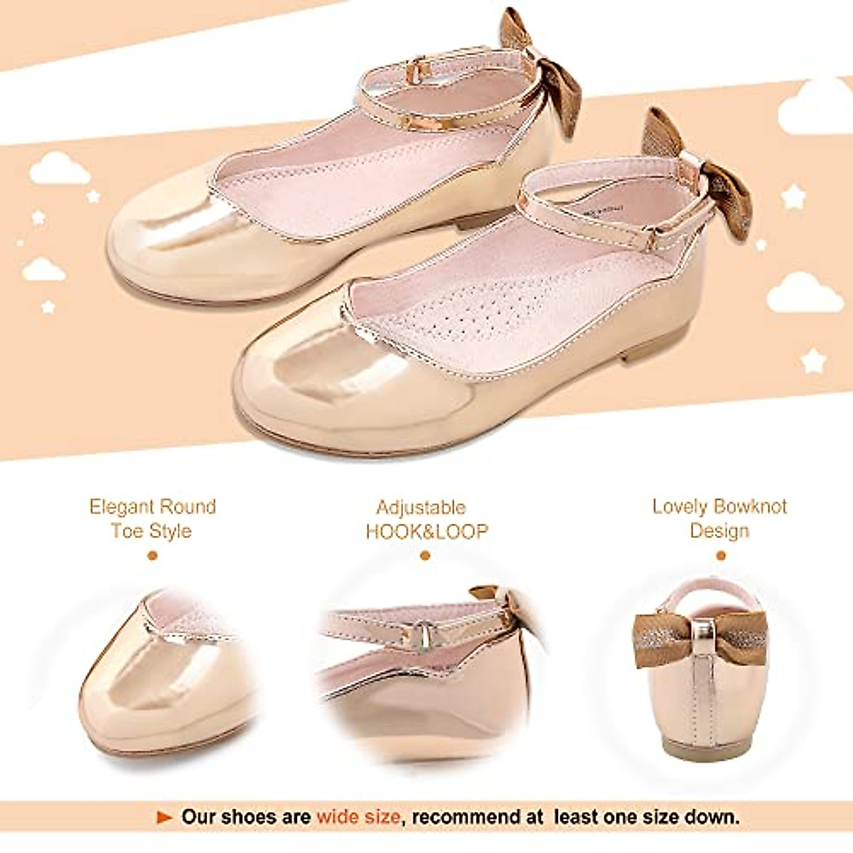 Bigwow Girls Gold Dress Shoes Mary Jane Princess Shoes for School Uniform Wedding Church Party Ballerina with Ankle Strap Big Kids Size 2