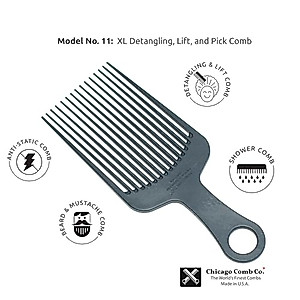Chicago Comb Model 11 Carbon Fiber, Large Hair Pick, Anti-Static, 7.5 Inches (19 cm), Made in USA