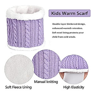 Kids Winter Hat Gloves Scarf Set Knit Beanie for Girls Boys Neck Warmer Thick Fleece Lining Thermal with Cute Pom Pom Purple Warm Cap for 6-10 Years Old Toddler, Gift for Children
