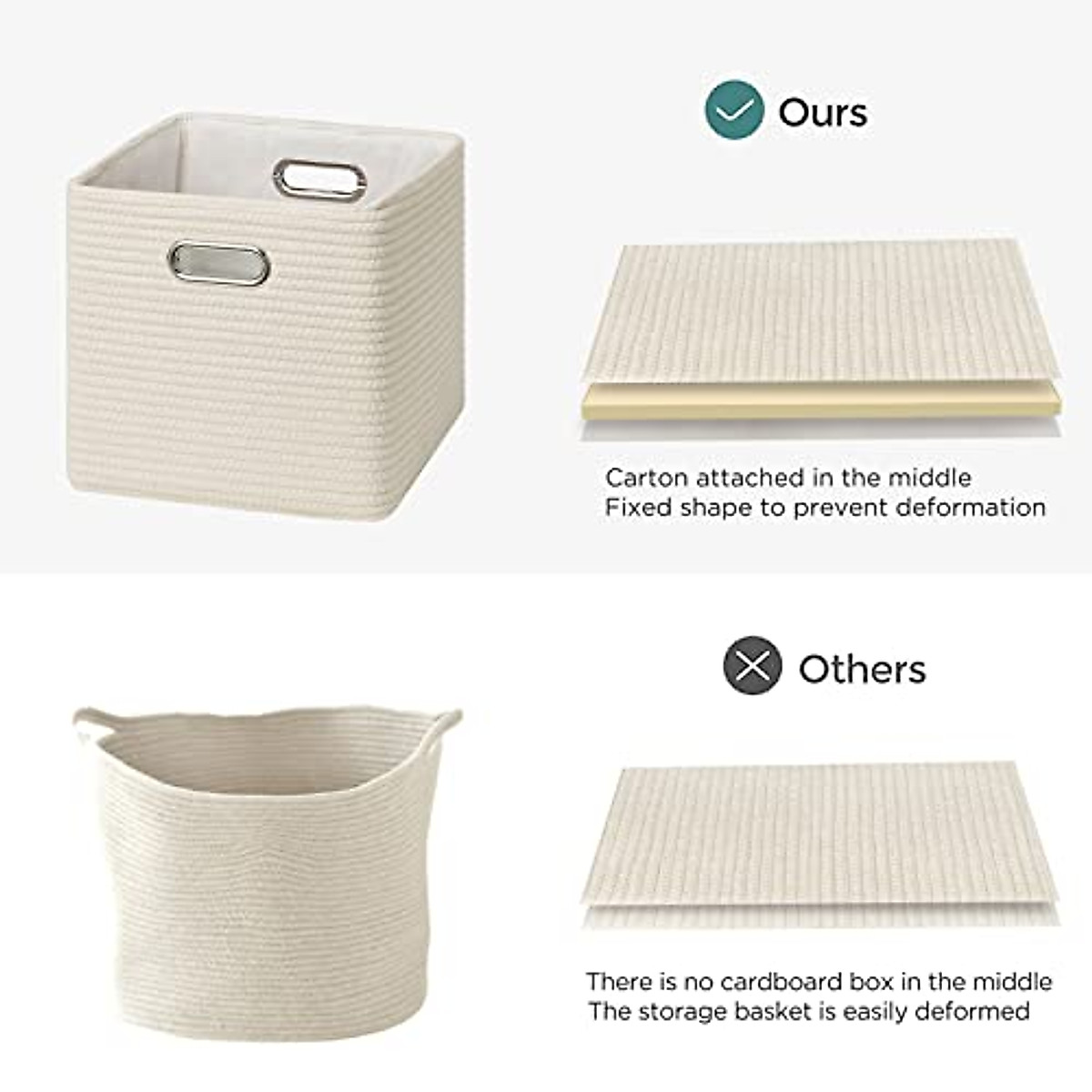 UBBCARE Set of 3 Woven Storage Baskets for Organizing, 11 in x 11 in x 11 in Cotton Rope Baskets for Shelves, Decorative Cube Storage Bins with Metal Handles for Living Room, Beige