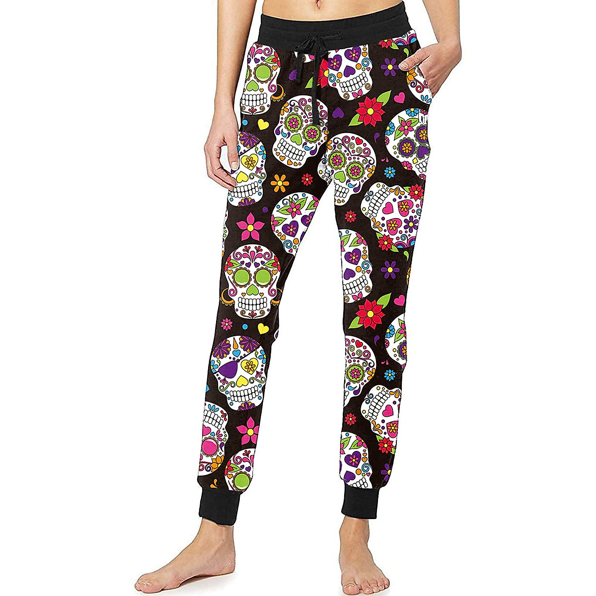 Women Halloween Sugar Skull Pajama Pants Day of The Dead Long Cotton Ankle Drawstring Joggers S