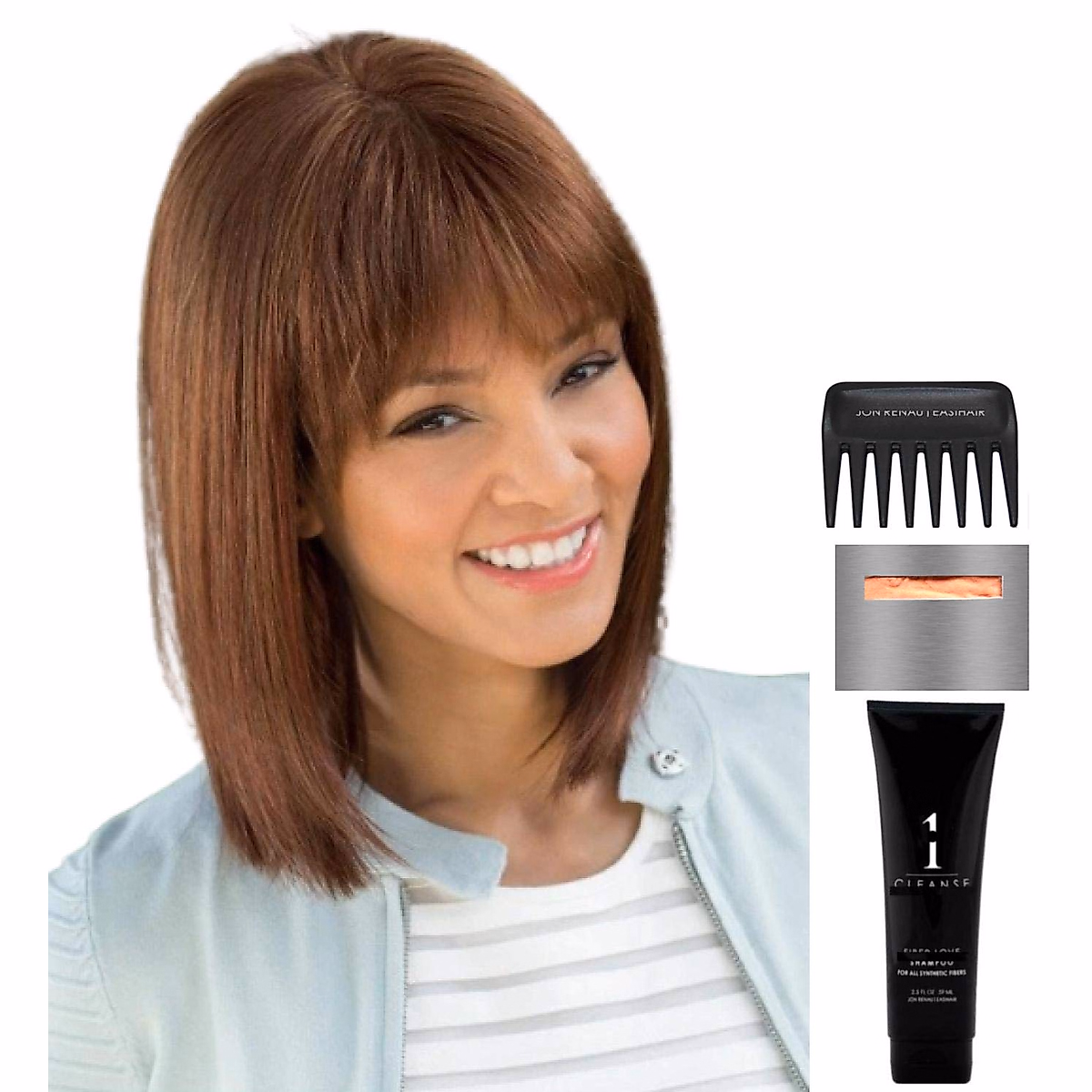 Bundle - 5 Items: Tatum Wig by Amore, Christy's Wigs Q & A Booklet, 2oz Travel Size Wig Shampoo, Wig Cap & Wide Tooth Comb - Color: CREAMY TOFFEE