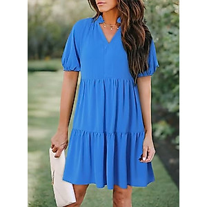 Dokotoo Womens 2023 Boho Spring Summer Dresses Flowy Casual V Neck Puff Short Sleeve Aline Short Mini Sun Dress Blue Medium