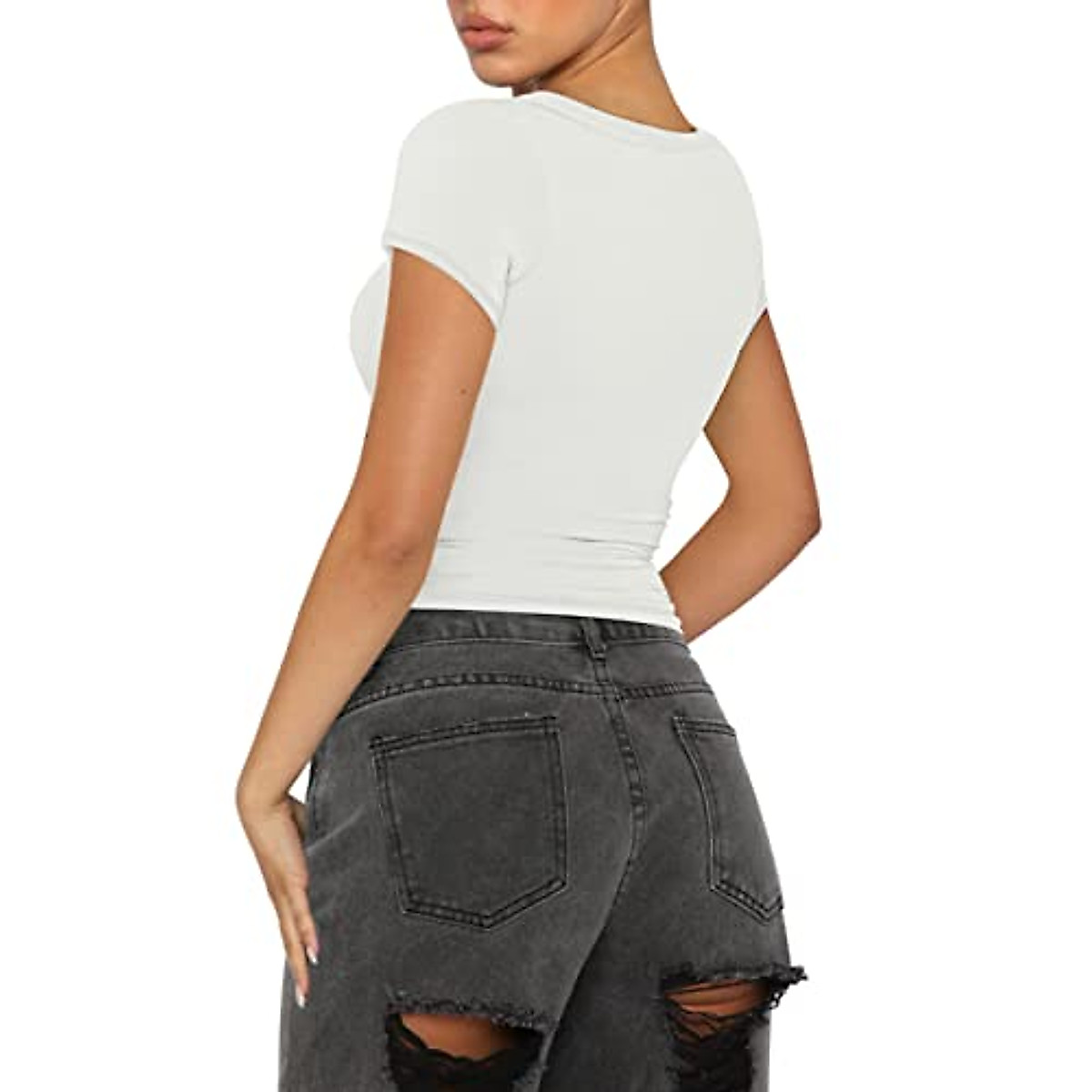 REORIA Women’s Summer Sexy Casual Henley V Neck Button Down Short Sleeve Going Out Y2K Ribbed Tshirts Crop Tops White Small