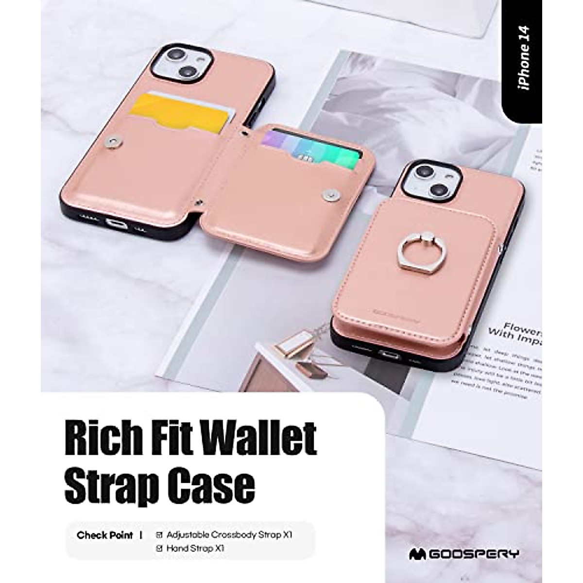 GOOSPERY Rich-Fit iPhone 14 Crossbody Wallet Case for iPhone 14 Case [Strap Included] with Card Holder Lanyard Magnetic Clasp [Kickstand Ring] Heavy Duty Protection, Rose Gold