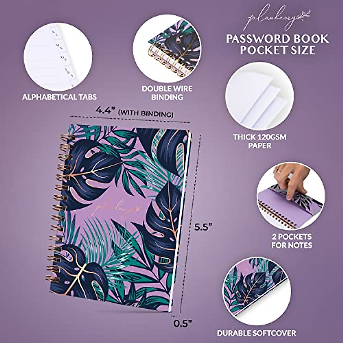 PLANBERRY Password Book – Internet Address Organizer with Alphabetical Tabs – Alphabetized Website & Computer Password Keeper – 4.4x5.5″, Softcover, Pocket Size Wild Purple)