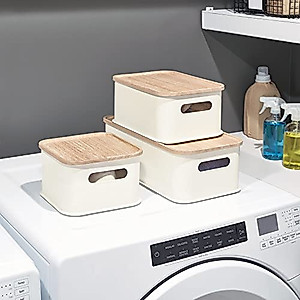 iDesign Recycled Plastic Medium Storage Bin with Handles and Paulownia Wood Lid