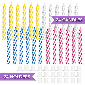 Make a Safe Wish! Spiral Birthday Candles and Candle Holders, 2.5" Colorful Candles, Safe Kids Birthday Party, Keep from Spreading Germs - 24 Candles, 24 Holders