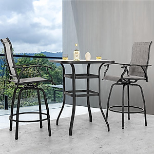 NUU GARDEN 3 Piece Outdoor Patio Bar Set, Patio Bar Furniture Set, Outdoor Tempered Glass Square Bar Table and Textilene Swivel High Backrest Bar Stools for Patio, Garden, Backyard, Gray and Black