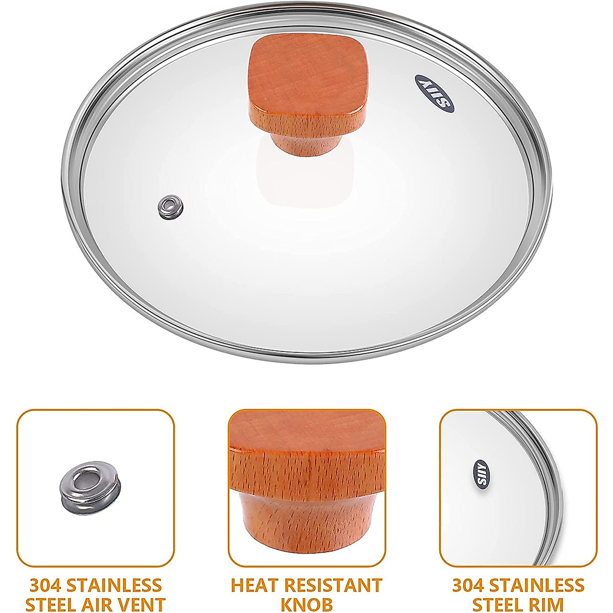 Universal Tempered Glass Lid ,saucepan Frying Pan Skillet Slow Cooker Pressure Cooker Cover,Replacement for Pan pot lids , Square Wood Lid Knob, Transparent glass for clear viewing,8.0"/20cm