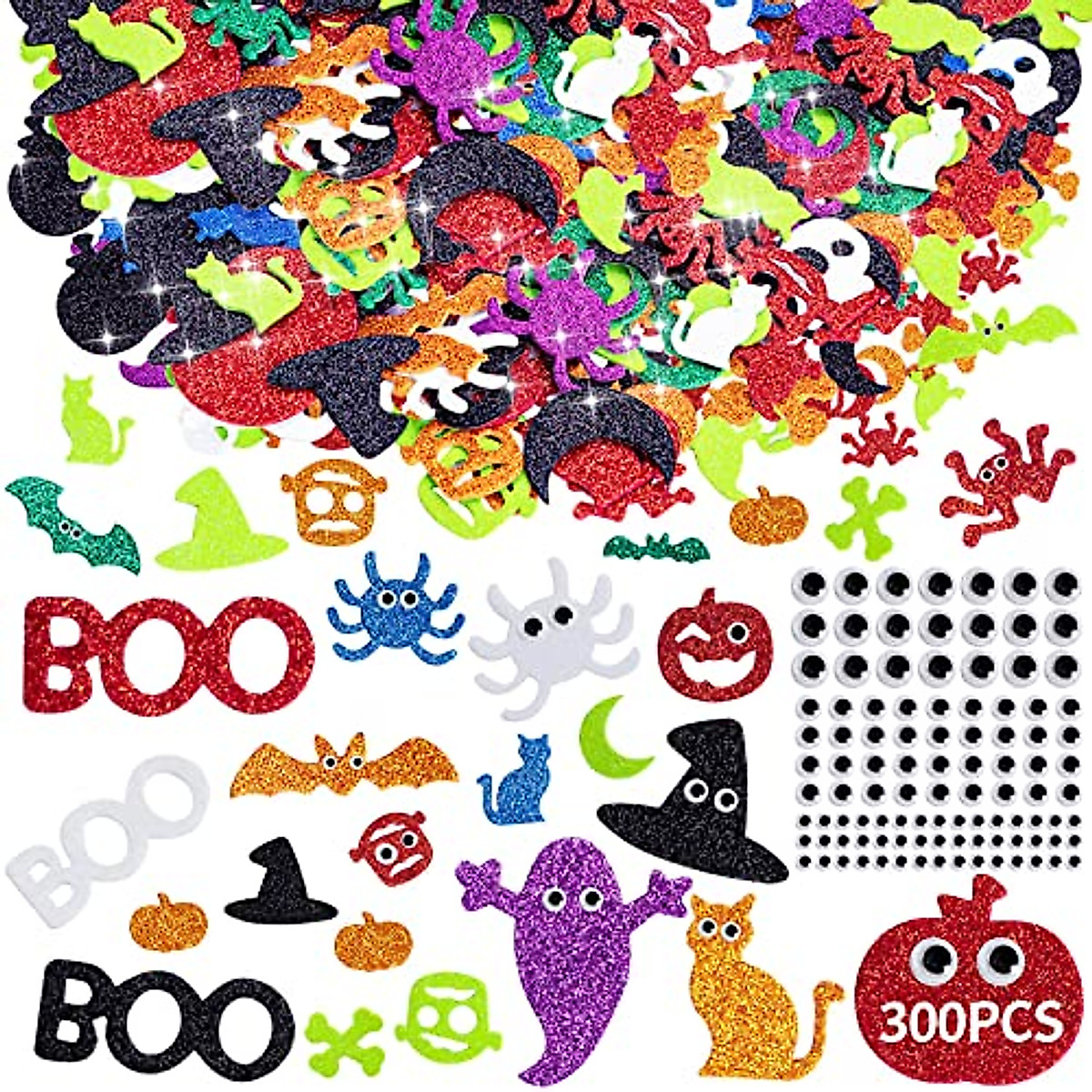 Halloween Foam Stickers 300Pcs, 200 Self-Adhesive Foam Glitter Sticker & 100 Wiggle Eyes, Pumpkin Ghost DIY Crafts for Halloween Thanksgiving Party