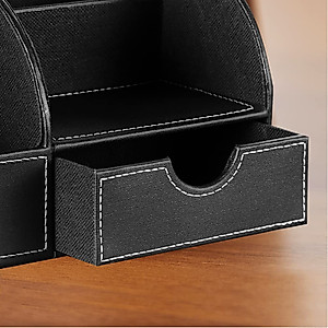 Desk Organizer, PU Leather Desktop Organizers and Accessories, Office Supplies Multi-Functional Caddy Storage with 6 Compartments and 1 Drawer, Workspace Organizer for Office Home School Classroom