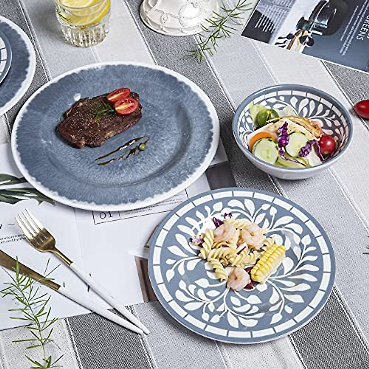 Yinshine Melamine Dinnerware Sets - Melamine Plates and Bowls Set for Daily use, Camping RVing Dishes Set, Grey