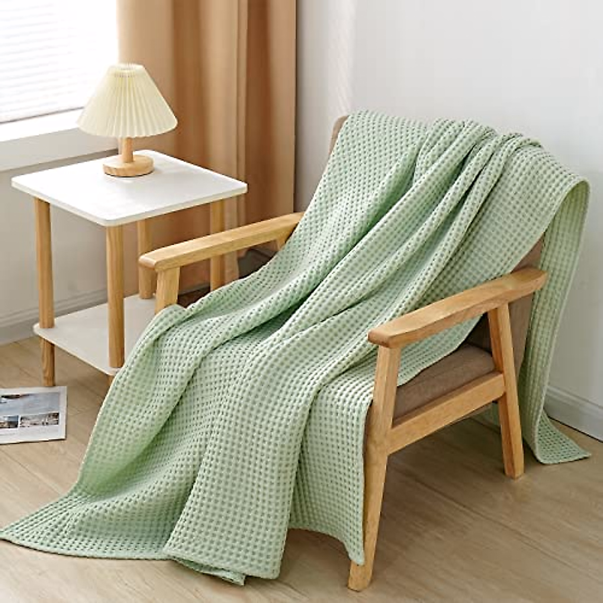 NATUREFIELD Waffle Weave Throw Blanket, 70" x 50" 100% Cotton Lightweight and Breathable Bed Throw, Soft and Comfortable Throw Blanket for Bed Couch Sofa All Season, Vintage Washed, Sage Green