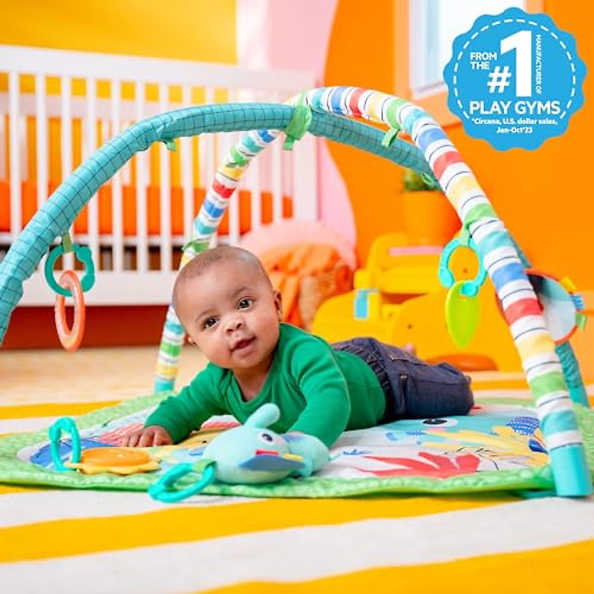 Bright Starts Wild Wiggles Baby Activity Gym & Play Mat with FoldingToy bar, Newborn and up - Green, 18.5” x 29.1” x 29.1”