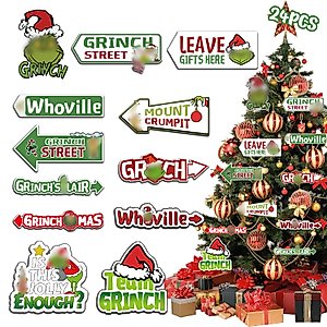 Griinchs Christmas Decorations - 24 PCS Double Sided Christmas Tree Decor Paper Cards Signs Ornaments, Xmas Cute Christmas Decorations for Home Indoor Party Wall, Christmas Tree Ornaments Decorations