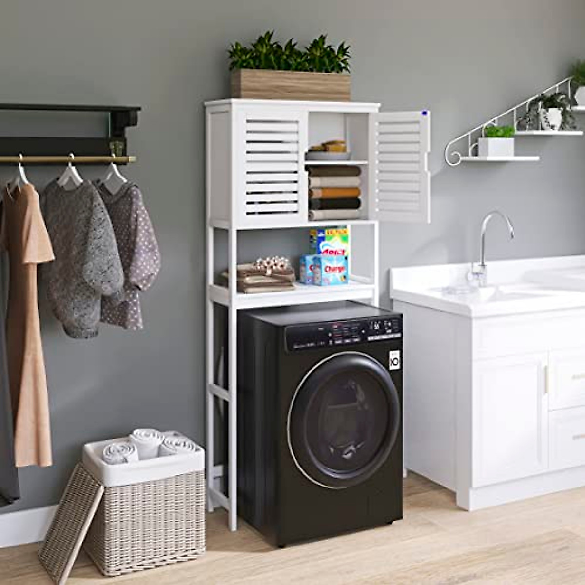 SMIBUY Bathroom Over The Toilet Storage Cabinet, 2 Door Bamboo Cabinet Organizer, Freestanding Space Saver Toilet Rack with Adjustable Inside Shelf and Open Shelf (White)