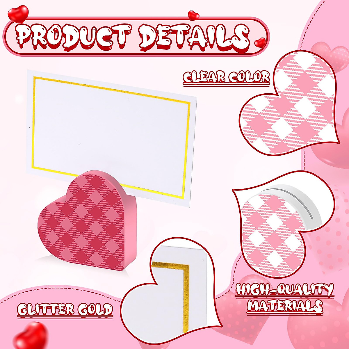 Qunclay 18 Pcs Valentine's Day Wooden Heart Place Card Holder Mini Heart Decor with 30 Pcs Gold Foil White Place Card Table Photo Number Sign Stand Holder for Place Setting Decoration(Bright Style)