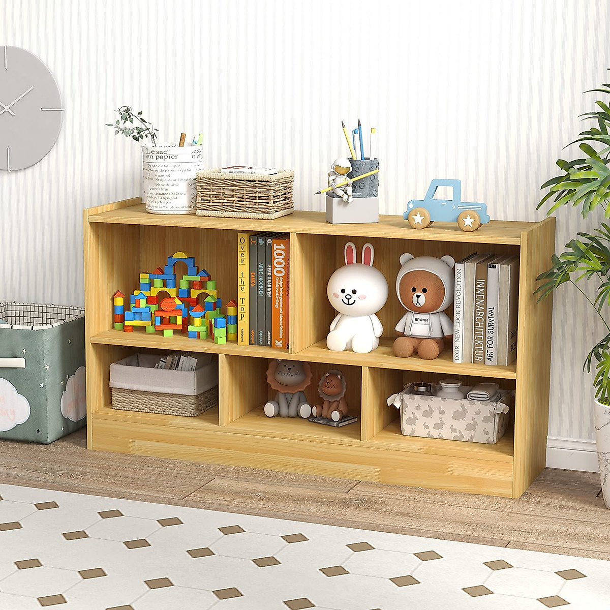 IFANNY Toy Storage Organizer, 2-Tier Kids Bookshelf, 5 Cube Kids' Bookcases, Cabinets & Shelves, Wooden Toy Shelf Organizer, Small Book Shelf for Kids Rooms, Playroom, Classroom, Nursery (Burlywood)