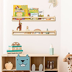 Fun Memories Nursery Book Shelves Set of 2 - Rustic Natural Solid Wood Floating Bookshelf for Kids - Wall Book Shelves Kitchen Spice Rack for Kids Room, Home Decor - Natural Wood - 32 Inch