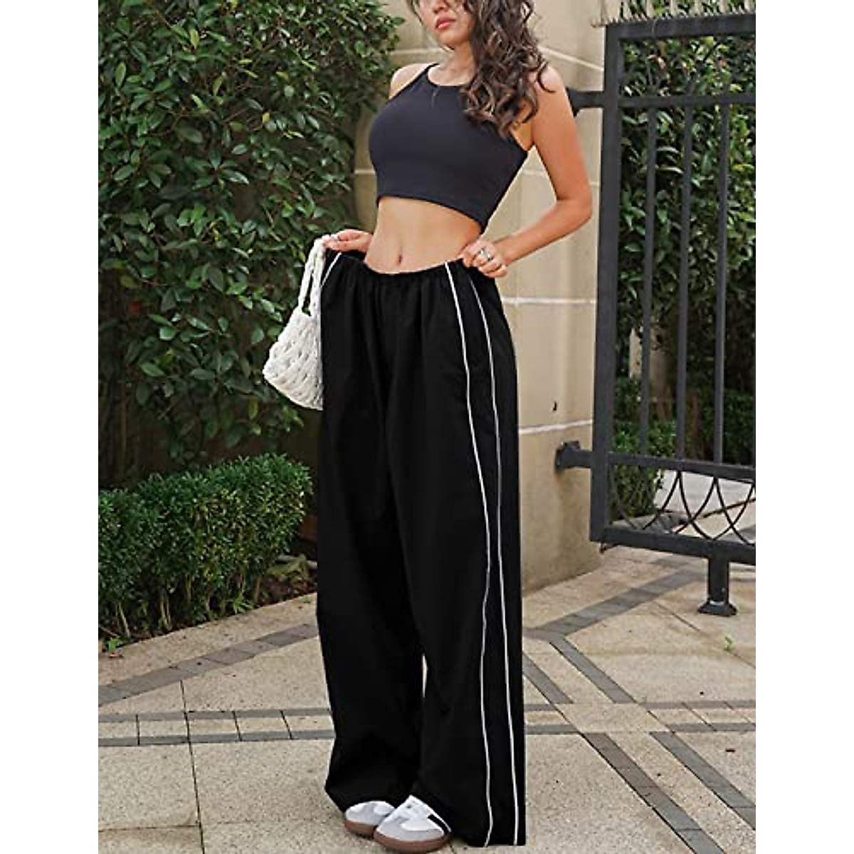 Lianlive Womens Parachute Pants Wide Leg Baggy Y2K Track Pants for Women (Black-S)