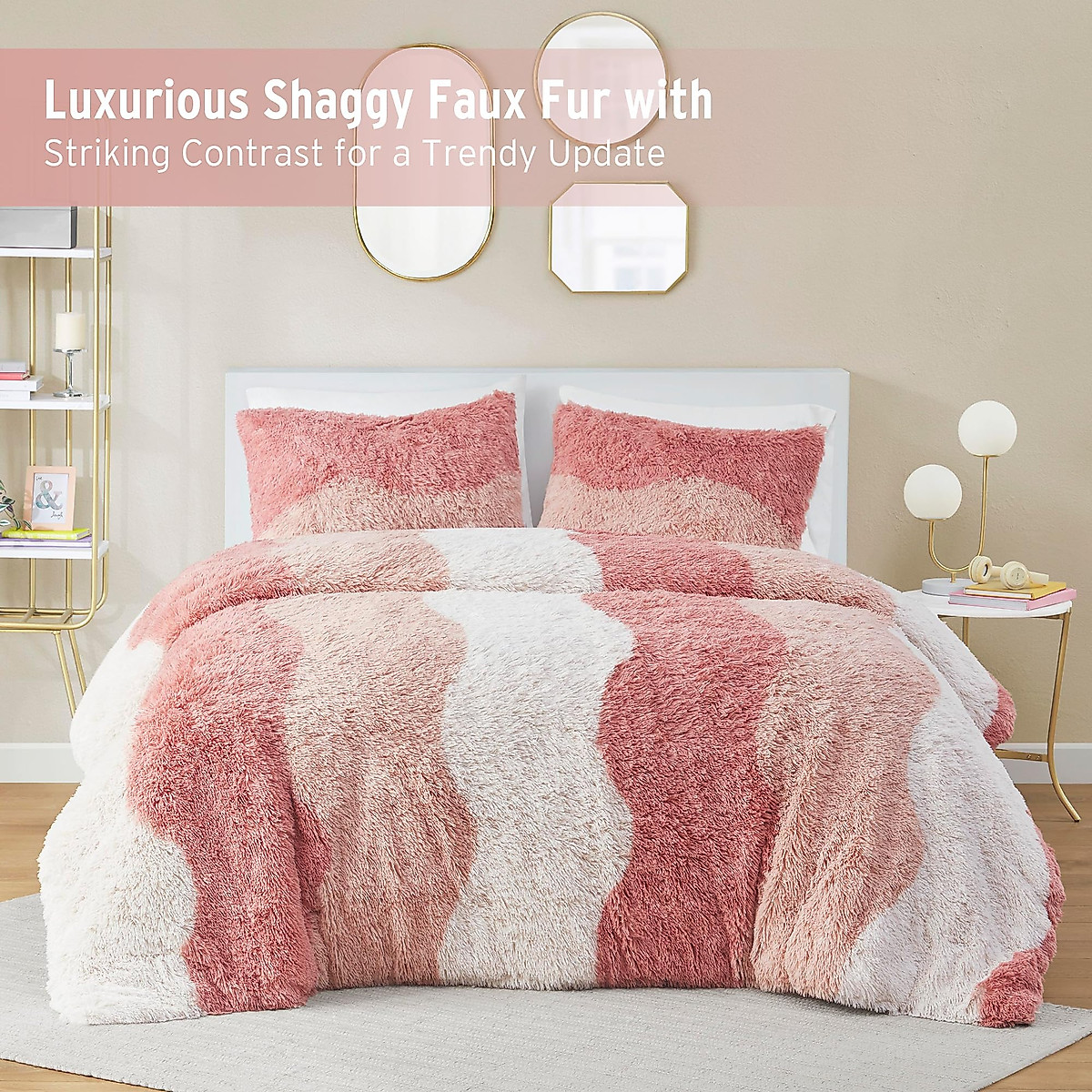 Intelligent Design Soft & Cozy Shaggy Faux Fur Duvet Cover Set, Trendy Ombre Design with Vibrant Color, All Seasons Soft Microfiber Duvet Bedding Cover, Sham, Cassie, Full/Queen Blush Multi 3 Piece