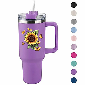 LB LEOBON 40 ounce insulated cup with handle, double-layer vacuum stainless steel material, equipped with straw, can keep warm or maintain cold drinks Spring Flowers Deep purple
