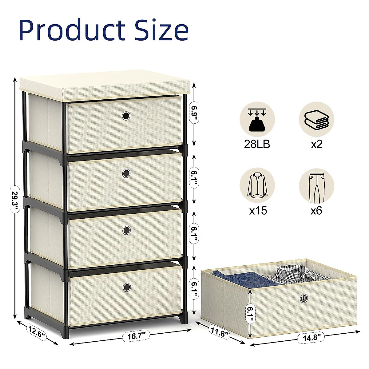 HODYANN Dresser with 4 Storage Drawers, Fabric Storage Chest for Closet, Bedroom, Dorm, Hallway, Clothes Organizer Unit with Fabric Bins (Creamy White)