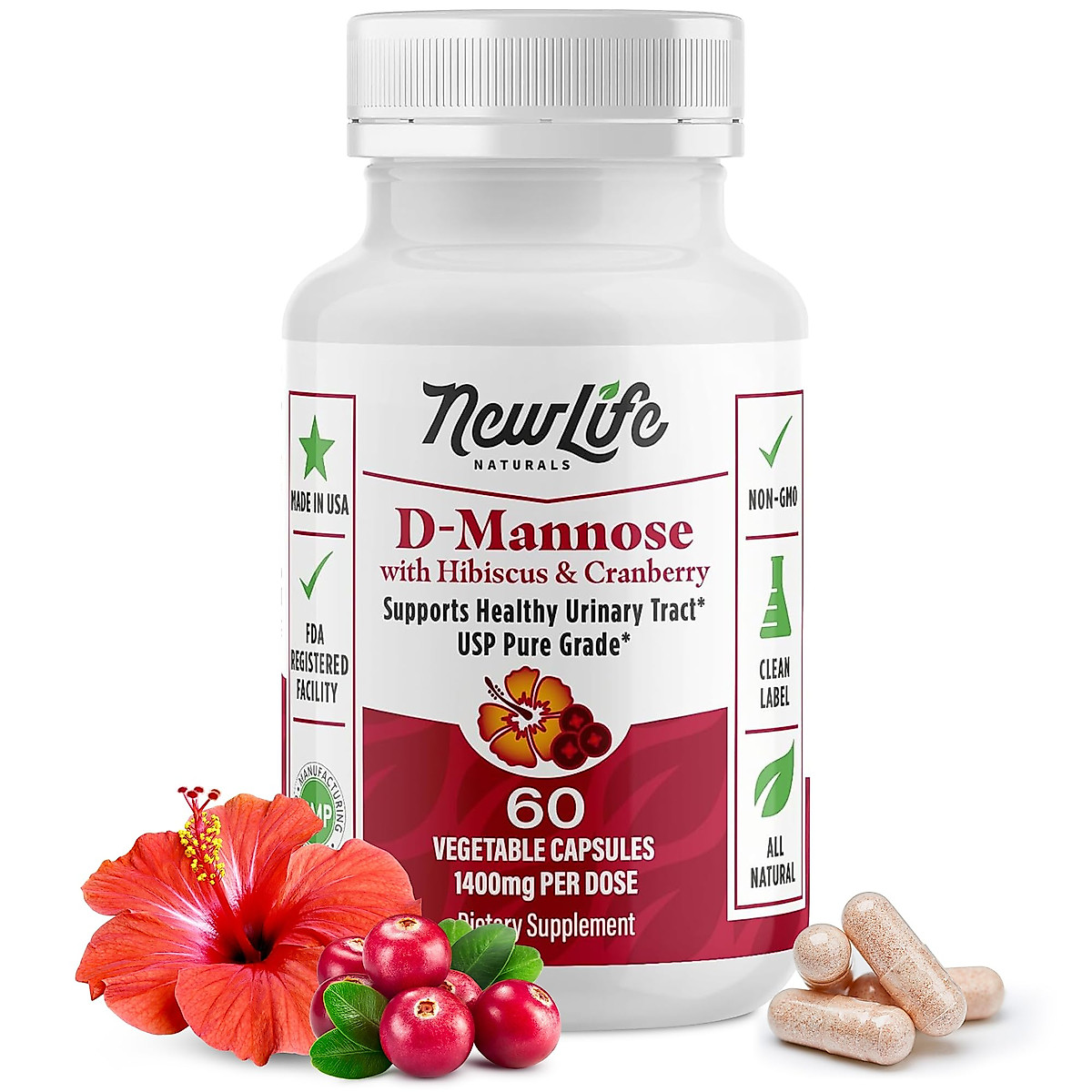 NewLife Naturals D-Mannose Capsules | w/Cranberry and Hibiscus Extracts | Natural Urinary Tract Health Supplement | 1400mg Pure Veggie Powder | 60 Veggie Capsules
