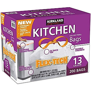 Kirkland Signature Drawstring Kitchen TRW, Trash Bags - 13 Gallon - 200 Count (2 Pack 13 Gallon 200 Bags)