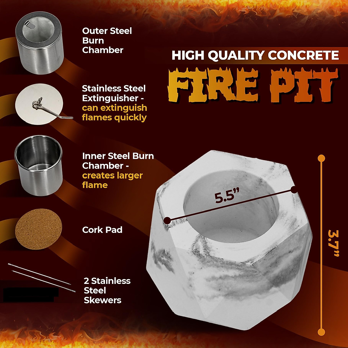 Hexagonal Concrete Tabletop Fire Pit - Indoor/Outdoor Smokeless Fire Pit with 2 Stainless Steel Chambers Burns Rubbing Alcohol, Bio Ethanol Fuels - Table Top Fire Pit Bowl/Mini Tabletop Fireplace