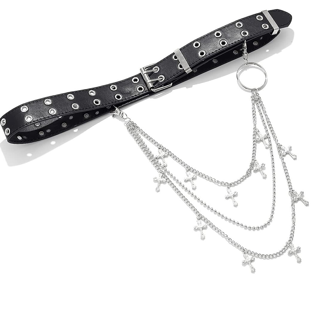 Jemiwa Grommet Leather Belt with Detachable Chain Punk Aesthetic Waist Belt Rock Style Jeans Belt Chains (E)