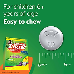 Zyrtec Children's Dye-Free Chewables for 24 Hour Allergy Relief, 10 mg Cetirizine HCl Antihistamine Tablets, Kids Allergy Medicine Relieves Sneezing & Itchy Nose & Throat, Grape, 24 ct