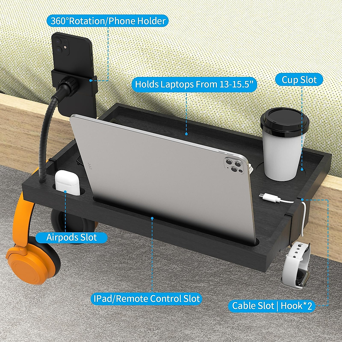 GRDNON Bedside Shelf with Phone Holder for Bed, ‎Bamboo Bed Shelf Organizer for Top Bunk, Clip on Nightstand for College Dorm Loft Bed, Bedside Shelf Tray for Kids, Built Earphones & Tablet Slot