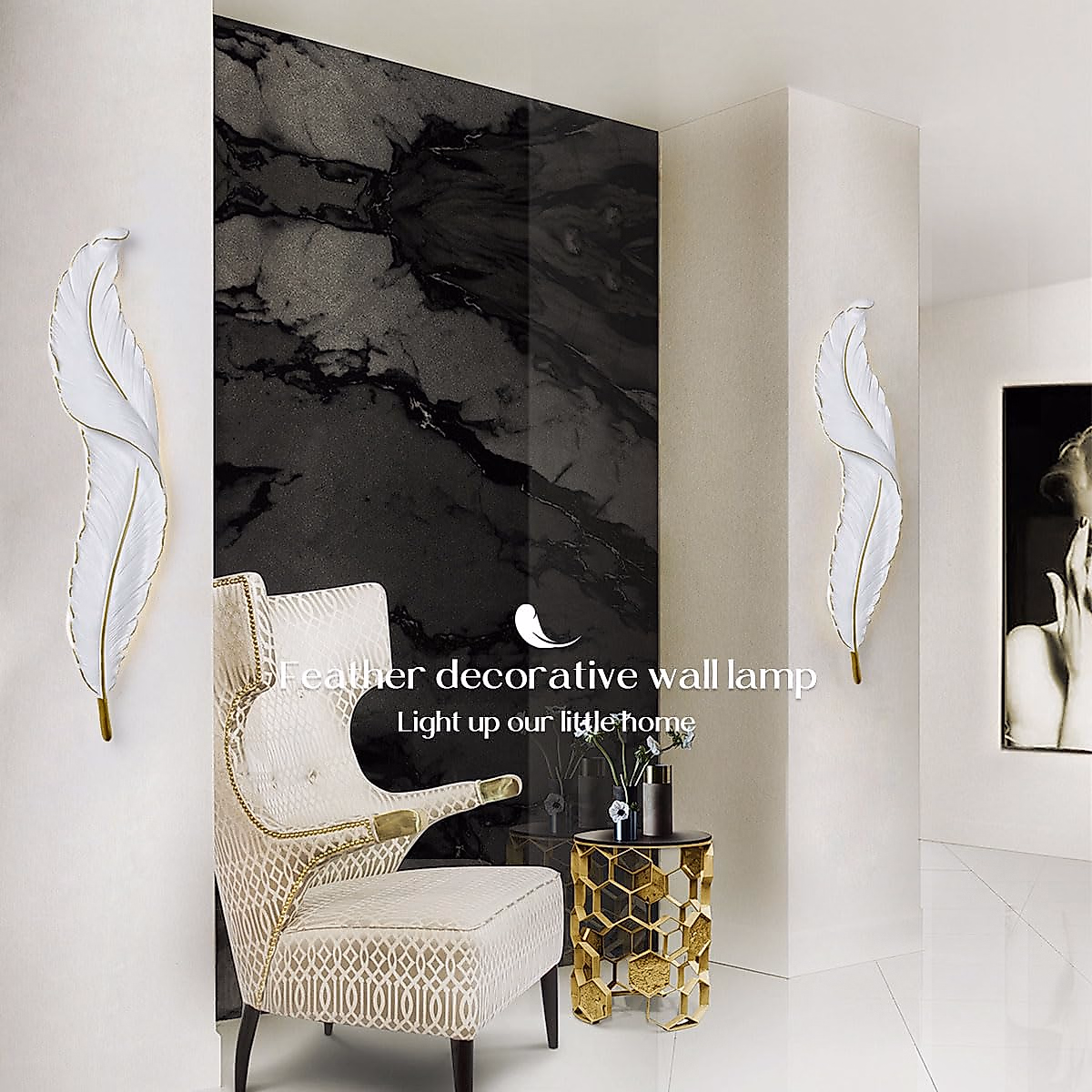 Qepeety LED Wall Lighting White Feather Wall Sconce Lamp 3 Color Temperature & 3 Brightness Level Modern Resin Light Fixtures for Hallway Entryway Living Room (Large)