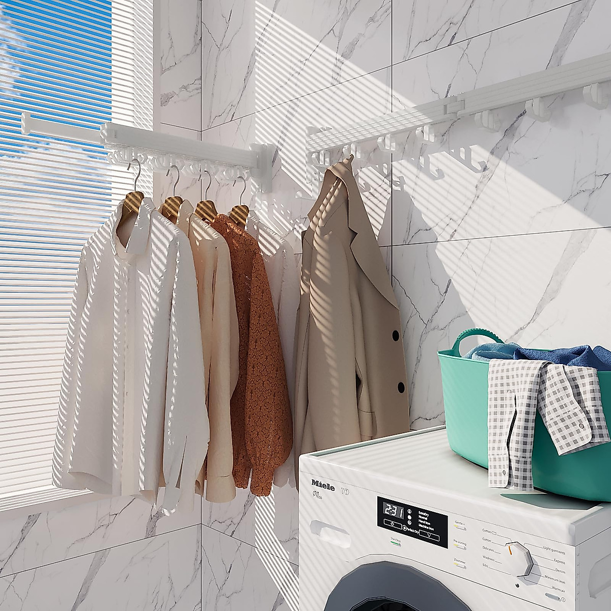 Clothes Drying Rack Wall Mounted, Retractable Drying Racks for Laundry, Foldable Drying Rack With 12 Hooks, Sturdy Tri-Fold Wall Mounted Space Saver for Laundry Room Balcony Bathroom - 49.8", White