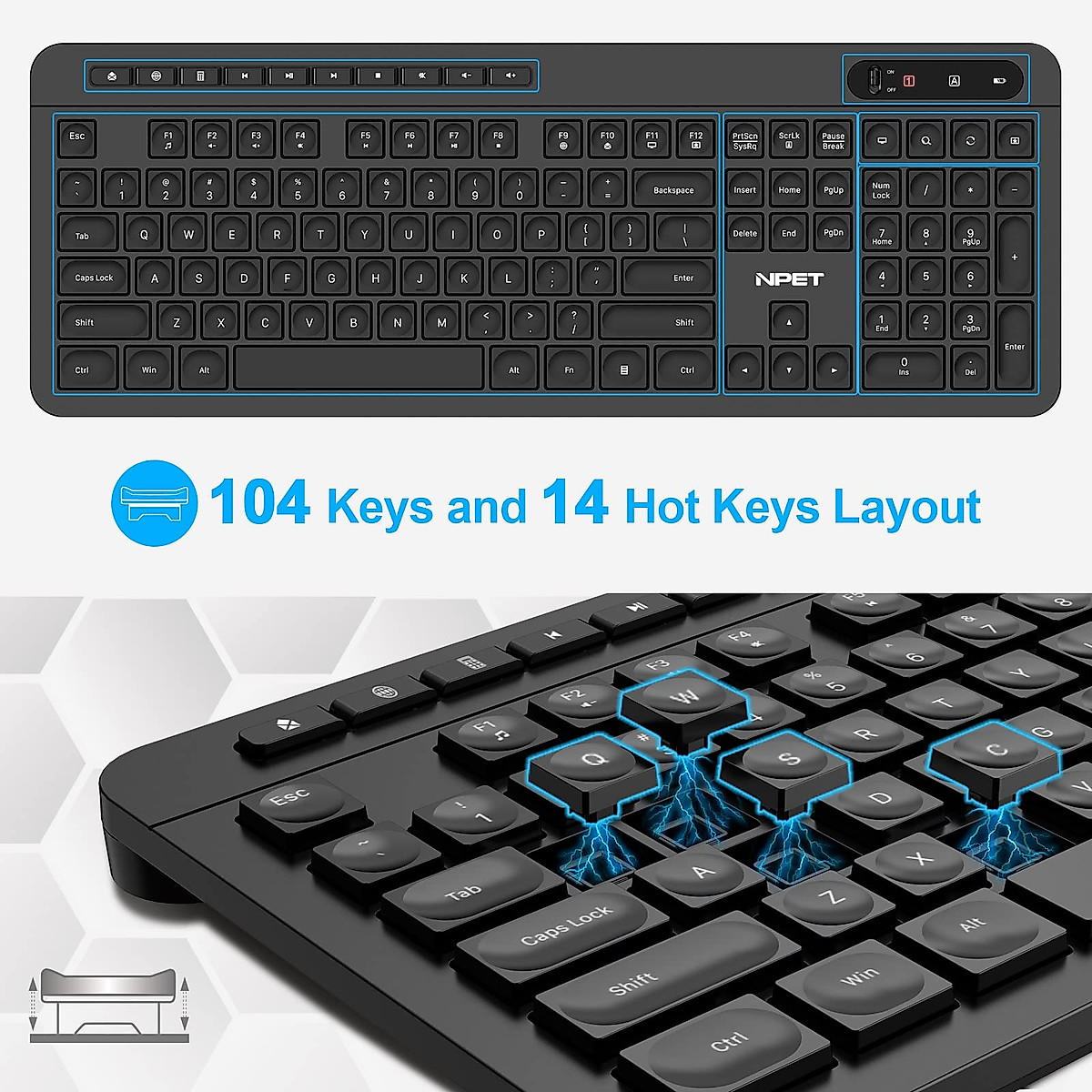 NPET WK20 Wireless Keyboard for Windows, 2.4 GHz Wireless, Full-Size, Number Pad, 14 Multimedia Keys, 2-Year Battery Life, Compatible with PC, Laptop