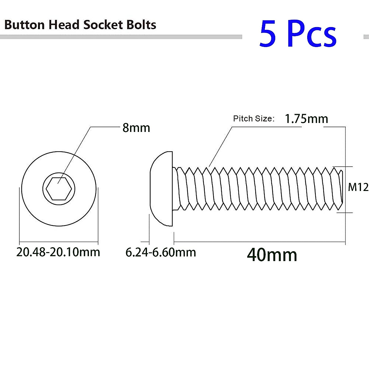 M12-1.75 x 40mm Button Head Socket Cap Screws, 10.9 Grade Alloy Steel, Allen Socket Drive, Black Oxide Finish, Full Thread (10.9 Grade,5 Pcs)