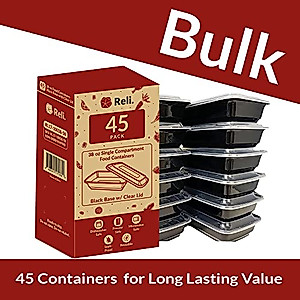 Reli. Meal Prep Containers, 38 oz. | 45 Pack | Large 1 Compartment Food Container w/Clear Lids | Microwavable Food Storage Containers |Black Reusable Bento Box/Lunch Box Containers for Food/Meal Prep