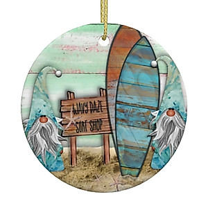 Tropical Surfing Watercolor Beach Gnomes Christmas Ornaments Double-Sided Printed Round Ceramic Christmas Tree Hanging Ornaments for Home Holiday Party Decorations