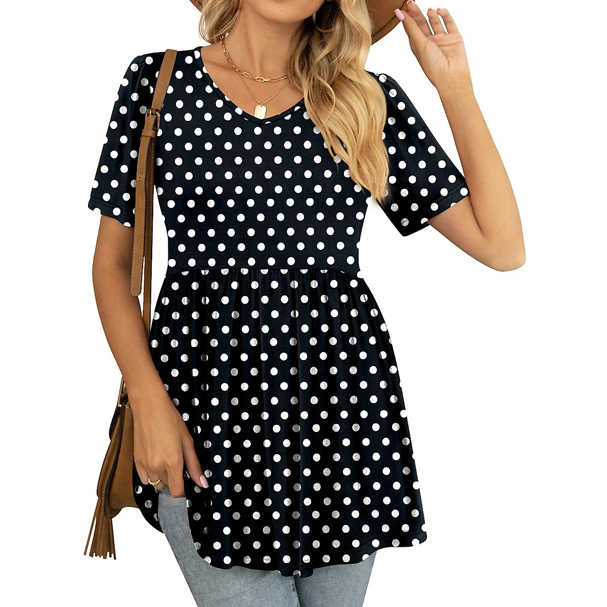 YVH Women's Summer Tunics Babydoll Tops Casual Short Sleeve Long Peplum Blouse Shirts, Polka dot black, XL