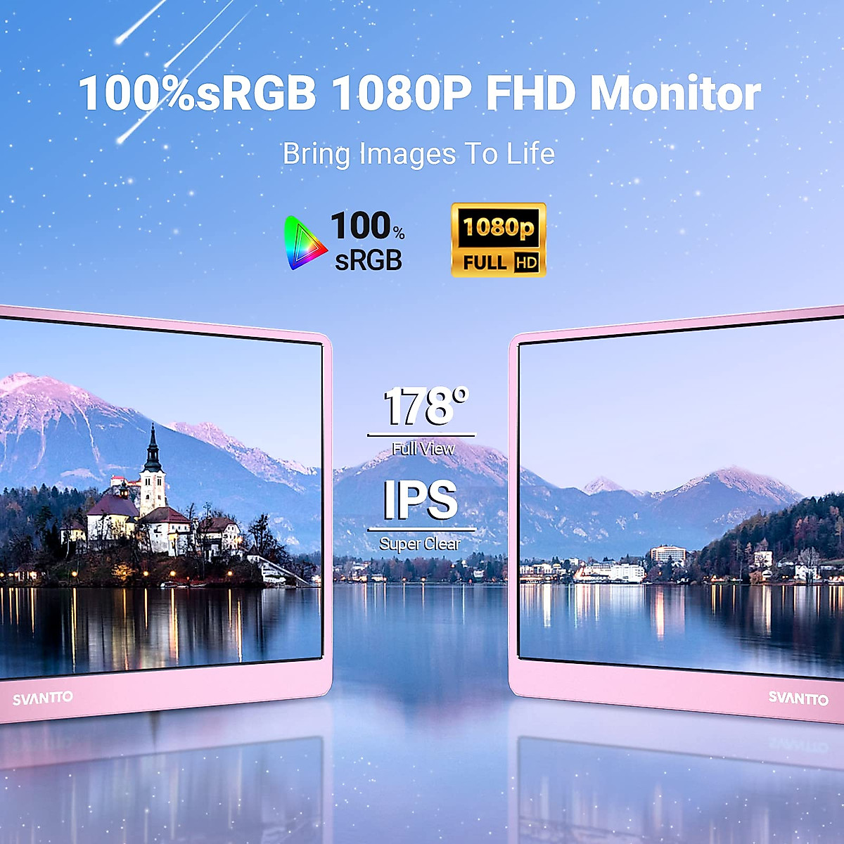 SVANTTO Pink Portable Monitor, [2022 Latest] Pink FHD 15.6'' Portable Screen for Laptop 400Nits Brightness Travel Monitor, 100% sRGB 1080P Laptop Monitor Extender for MacBook Xbox PS5 with HDMI Cable