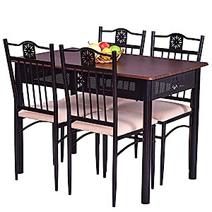 Casart 5 PCS Dining Table and Chairs Set Vintage Retro Wood Top Metal Frame Padded Seat Dining Table Set Home Kitchen Dining Room Furniture