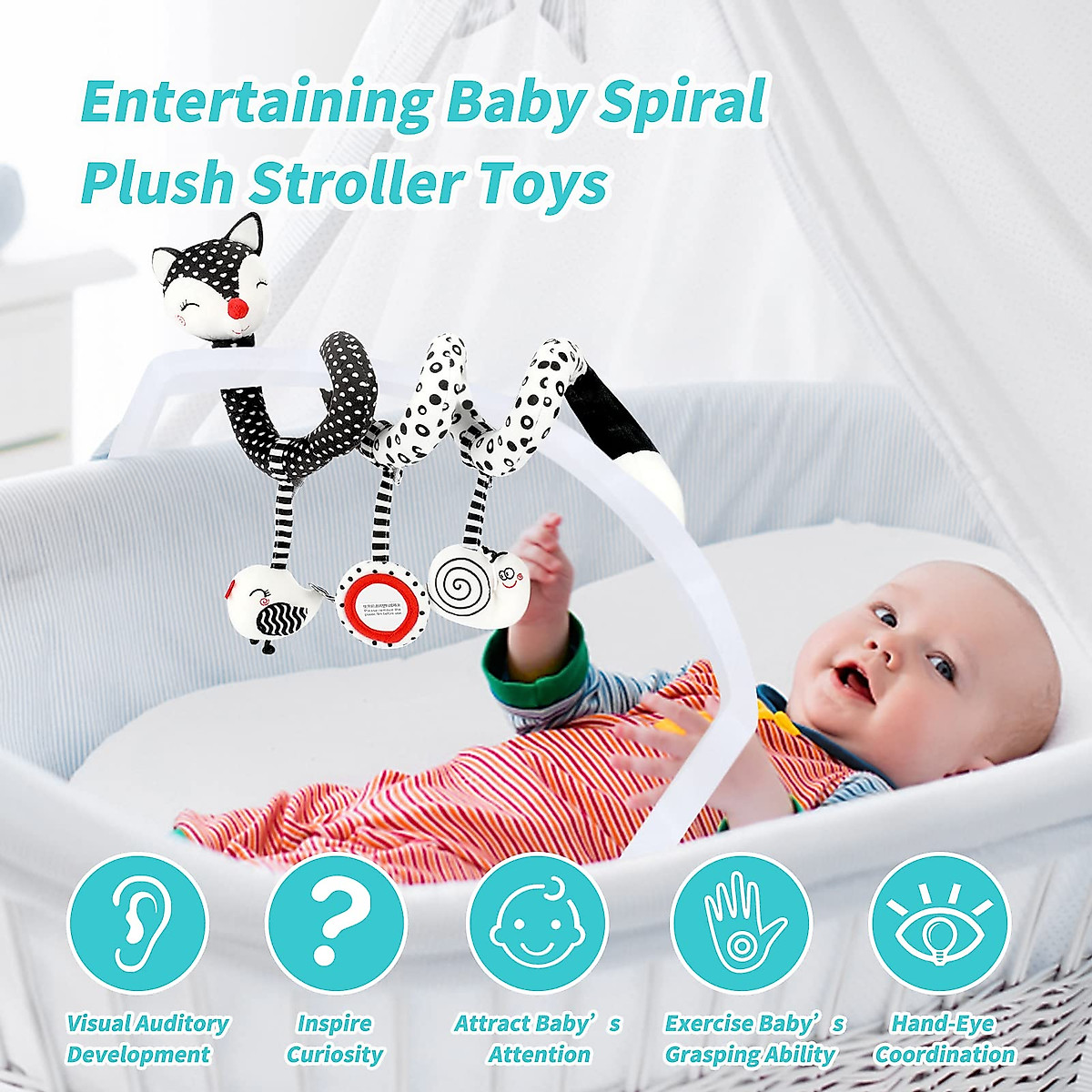 KKUYT Car Seat Toy for Baby, Infant Baby Spiral Plush Toys Stroller Toys Hanging Crib Activity Toy for Crib Bed Stroller Car Seat, Hanging Rattle Toy for 0-12 Months Newborn Baby-Black & White Fox