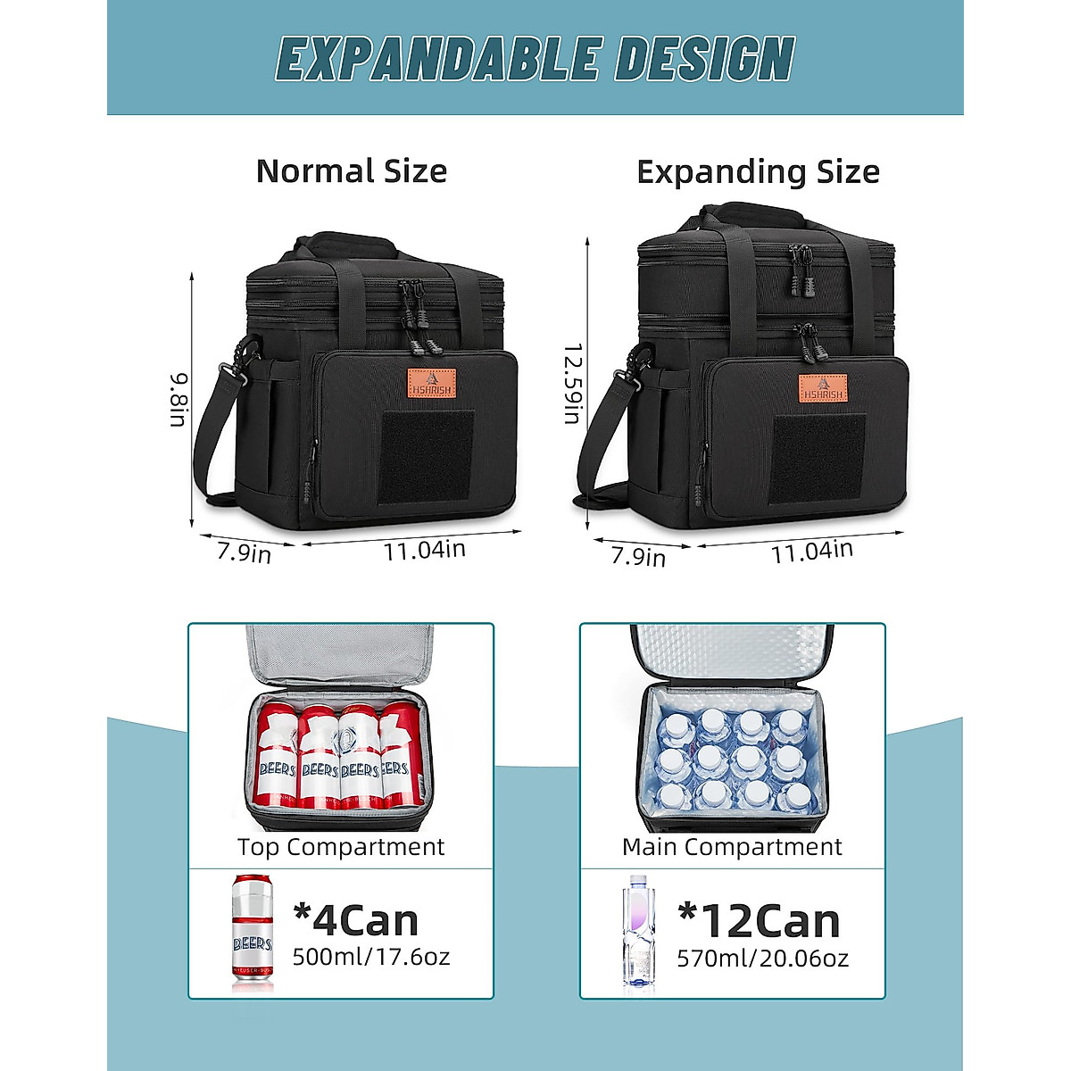 HSHRISH Tactical Lunch Box, Large Expandable Insulated Lunch Bag, Durable Waterproof Leakproof Cooler Bag for Adults/Men/Women/Work Outdoor Picnic Trips, 20 Cans/15 L, Black